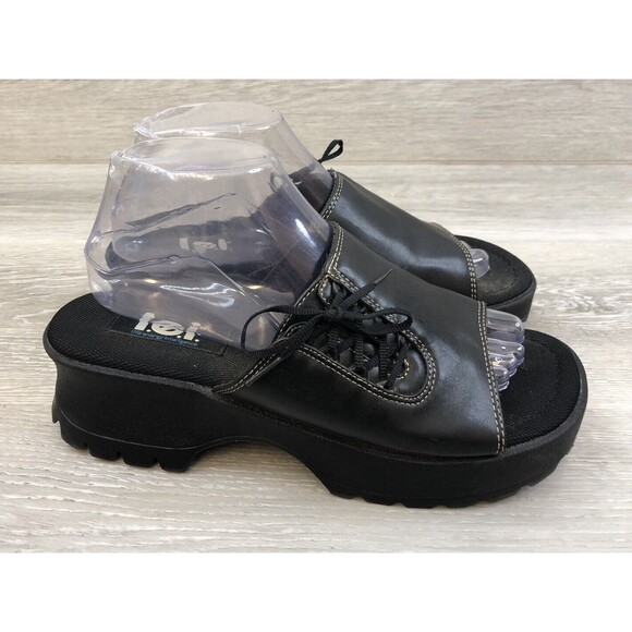 lei | Shoes | Vintage Lei Womens Black Leather Y2k Chunky Lace Up Clogs ...